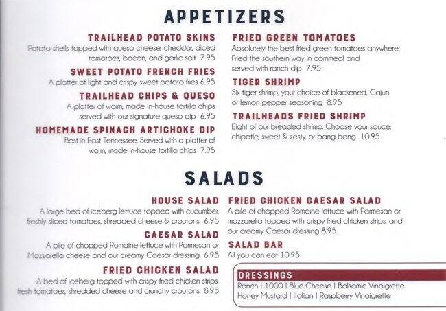 Menu at Trailhead steakhouse, Townsend