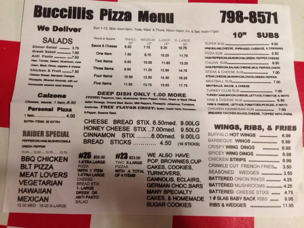 Menu at Buccilli's Cakes and Pizza pizzeria, Almont