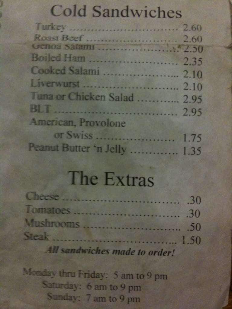 Menu at Anderson's Country Store restaurant, Pittsgrove Township