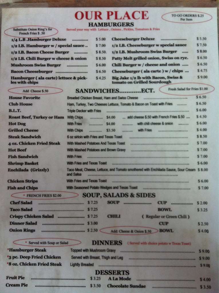 Menu at Our Place cafe, Cody