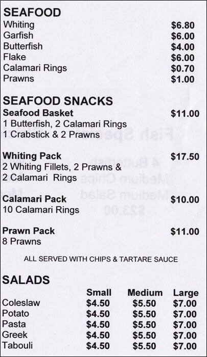 Menu at Wattle Park Seafood & Chicken Shop fast food, Rosslyn Park