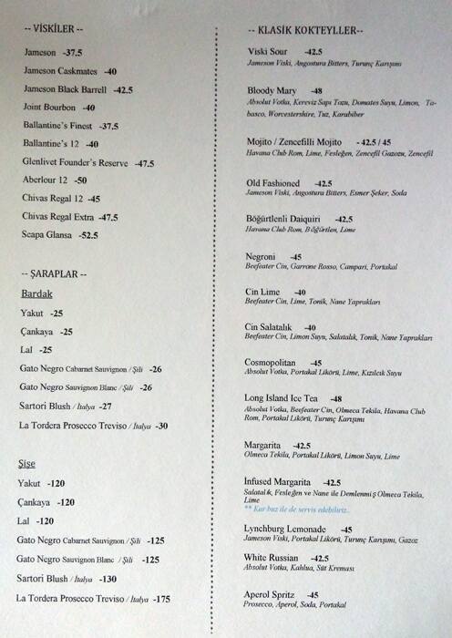 Menu at BİNA, Istanbul