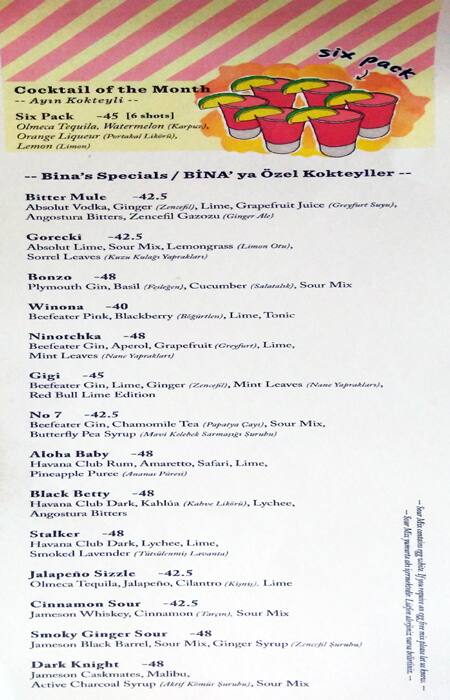 Menu at BİNA, Istanbul