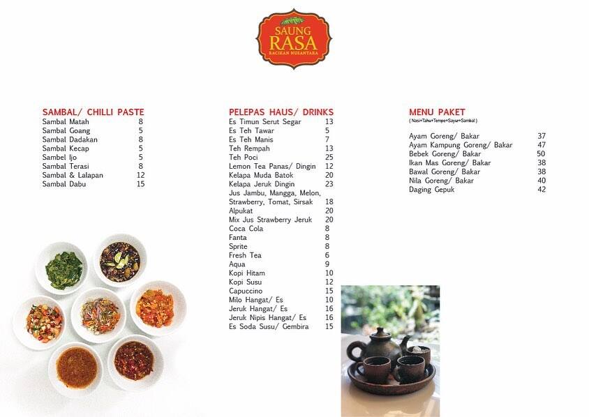 Menu at Saung Rasa restaurant, South Jakarta