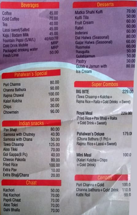 Menu at Pahalwans, Jammu, Gole Market Gandhi Nagar