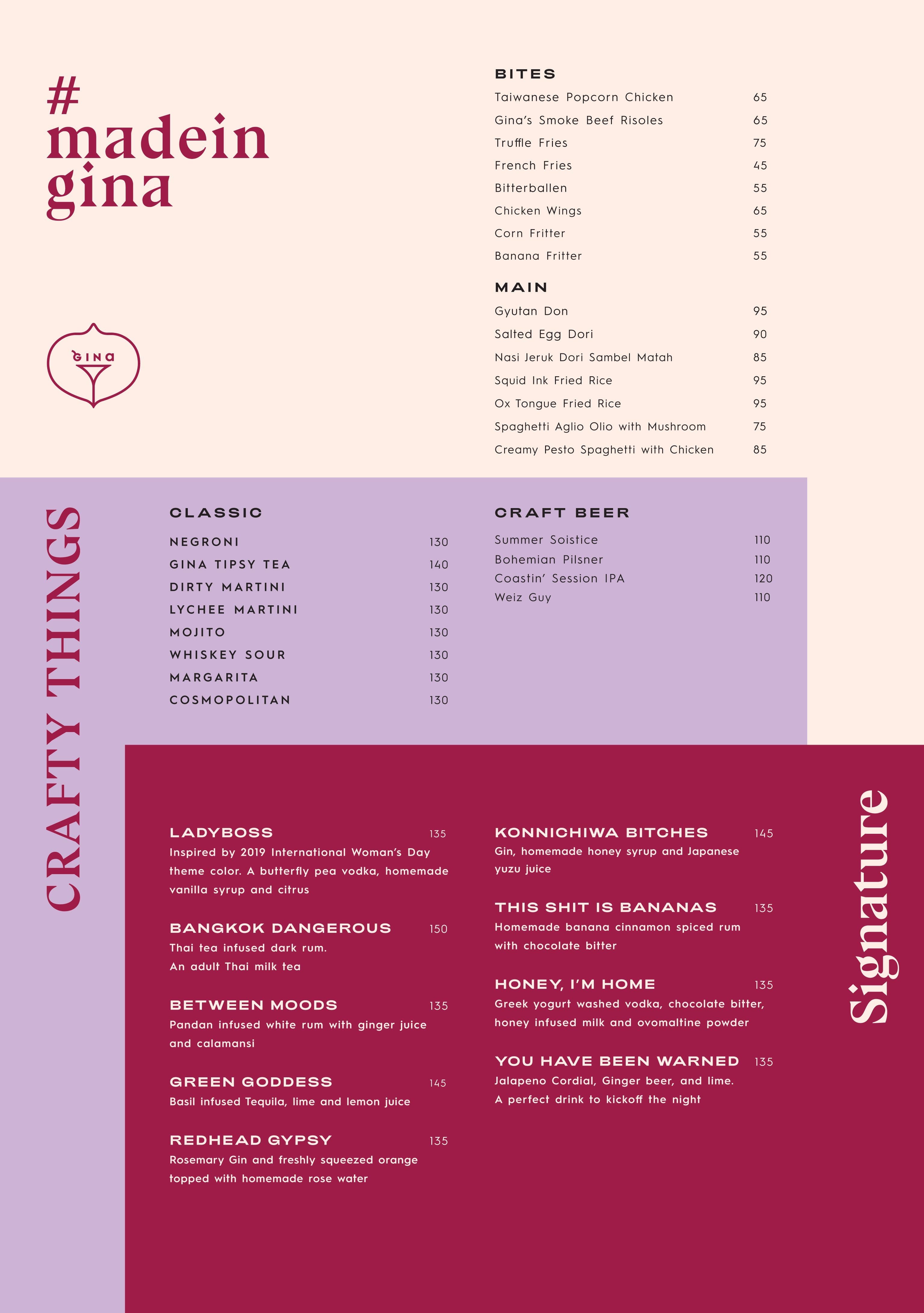 Menu at Gina pub & bar, South Jakarta