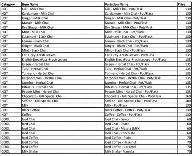 Menu of Gilli Chai, Kodambakkam, Chennai