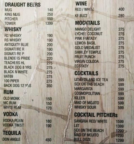 Menu at Soho bar, Bengaluru