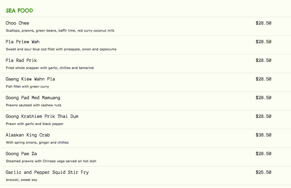 Menu at Grasshopper Thai restaurant, Auckland