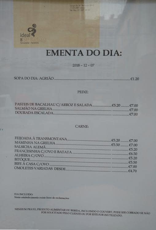 Menu at Ideal Santa Bárbara, Lisbon