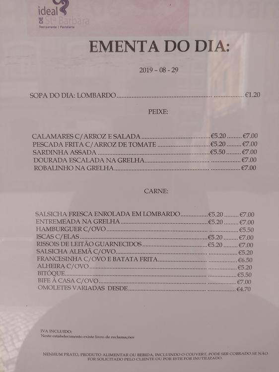 Menu at Ideal Santa Bárbara, Lisbon