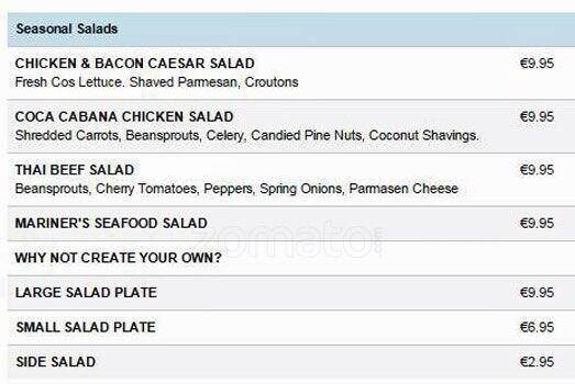 Menu at Cabana Cafe, Dublin, 12 Old Naas Rd