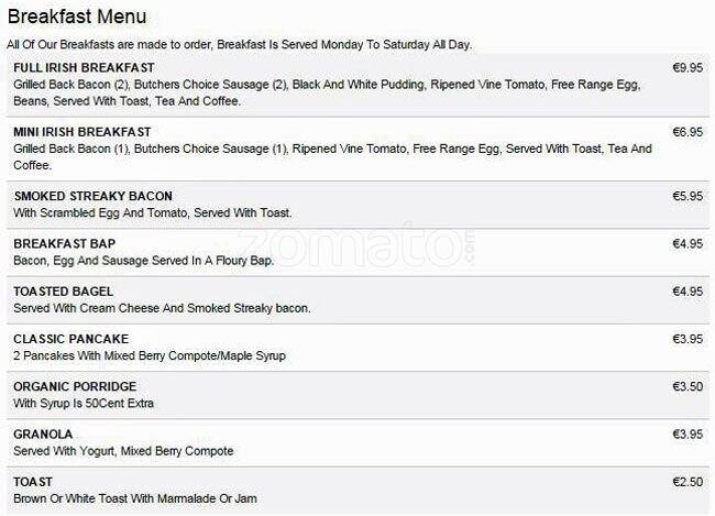 Menu at Cabana Cafe, Dublin, 12 Old Naas Rd