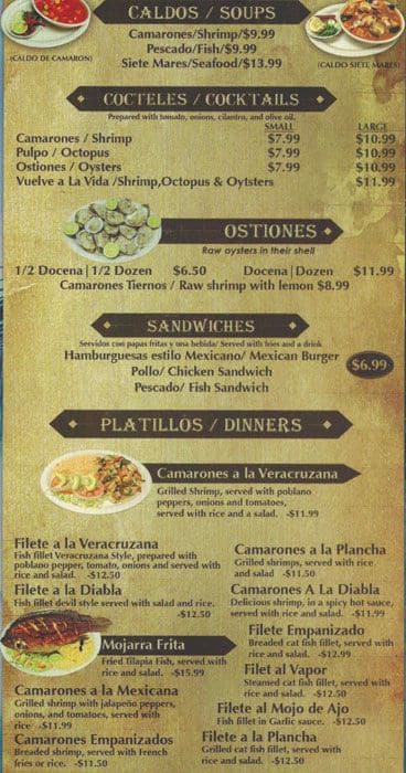 Menu at Mariscos El Amigo restaurant, Hanover Park
