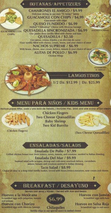 Menu at Mariscos El Amigo restaurant, Hanover Park