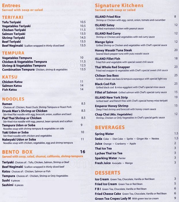 Menu at Sushi Island restaurant, New York City