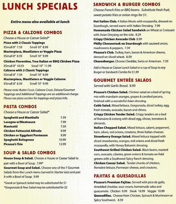 Menu at Picasso's pizzeria, Dallas, Dallas Pkwy