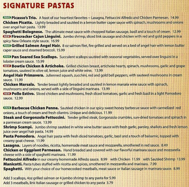 Menu at Picasso's pizzeria, Dallas, Dallas Pkwy