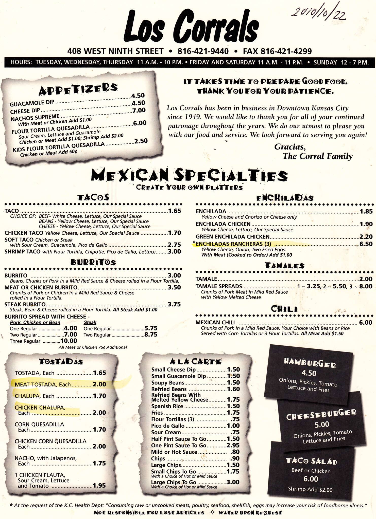 Menu at Los Corrals restaurant, Kansas City, 408 W 9th St