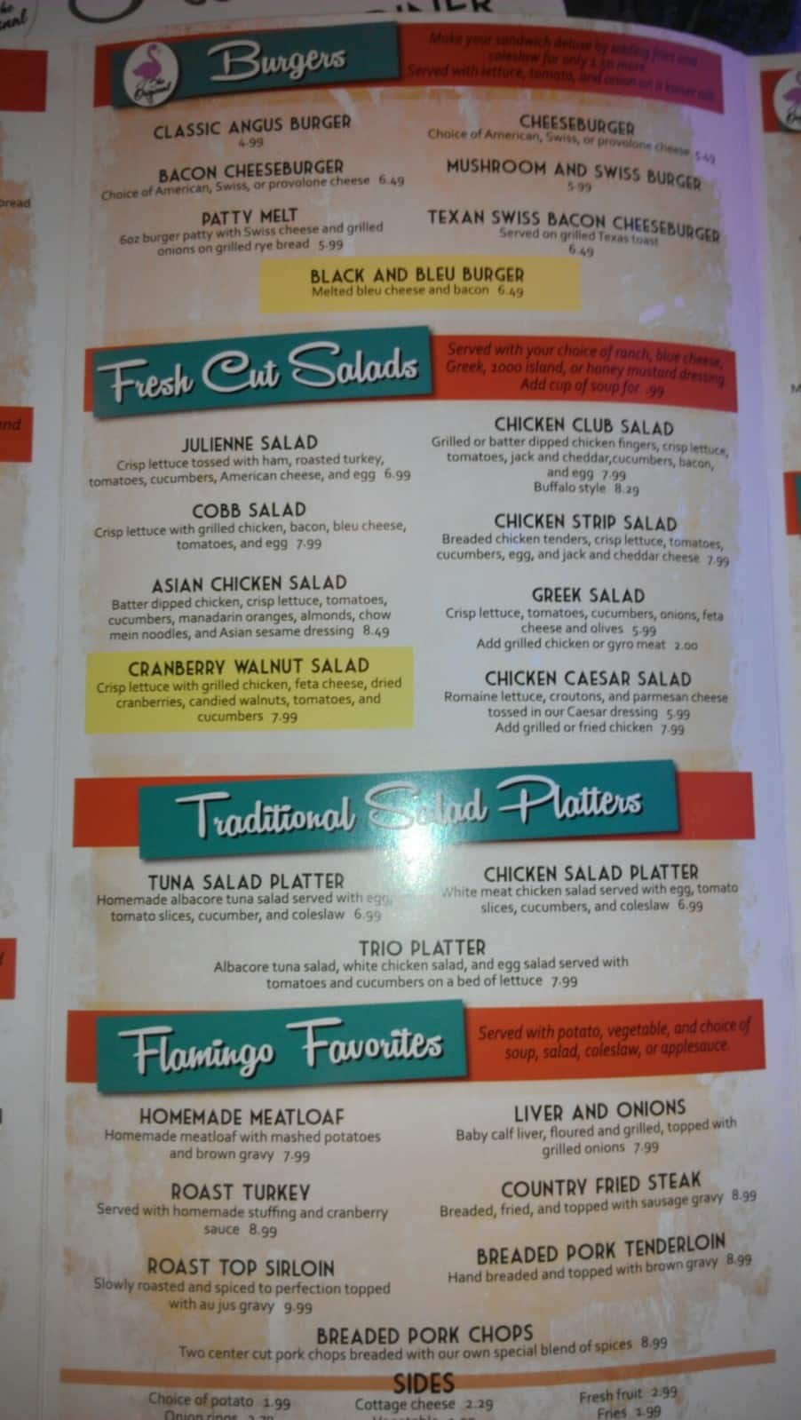 Menu at Flamingo Diner restaurant, Stuart
