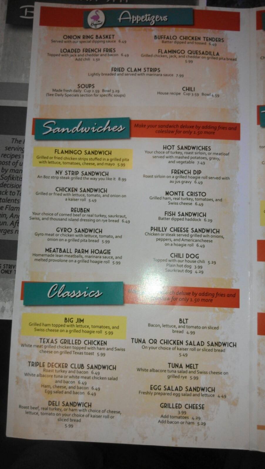 Menu at Flamingo Diner restaurant, Stuart
