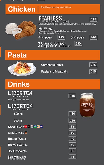 Menu at Army Navy fast food, Pasay, Andrews Ave