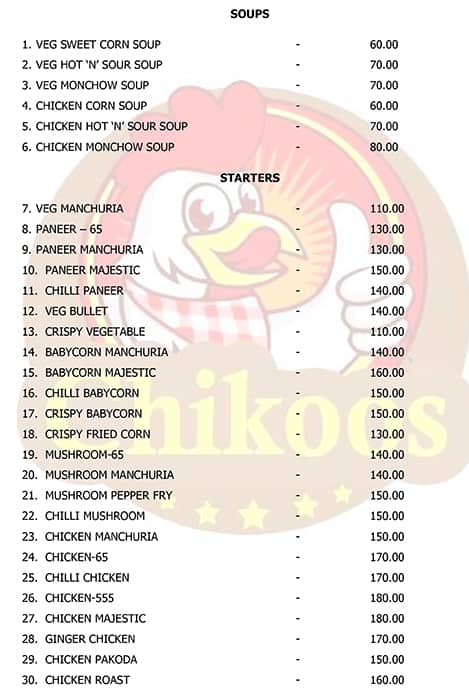 Menu of Chikoos Food Court, Madhurawada, Vizag