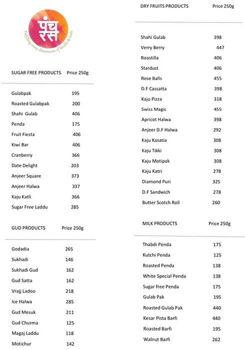 Menu of Panchras, Dadar West, Mumbai