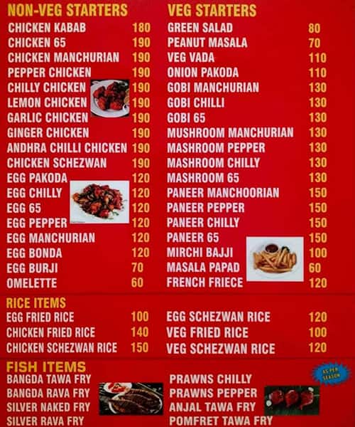 Menu of BB Restaurant, Church Street, Bangalore