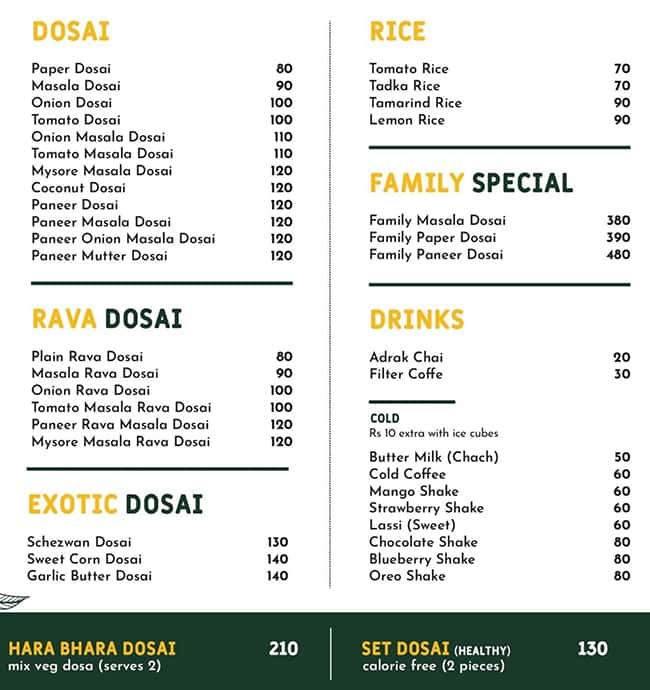 Menu at dosai a south indian restaurant, Dehradun