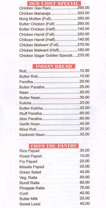 Menu at Hotel Sagar Golden, Thane, Brahmand CHS