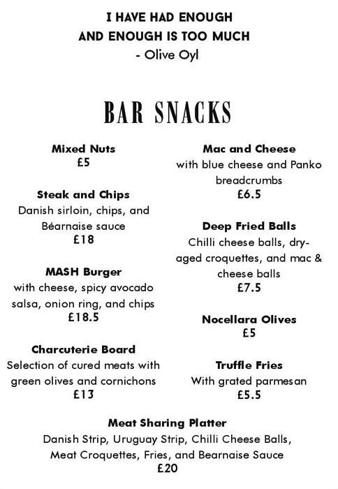 Menu at Mash steakhouse, London, 77 Brewer St