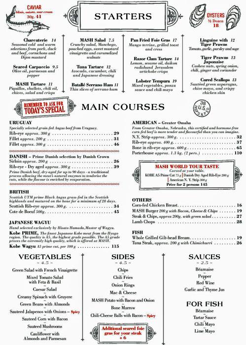 Menu at Mash steakhouse, London, 77 Brewer St