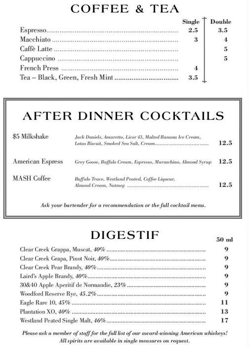 Menu at Mash steakhouse, London, 77 Brewer St