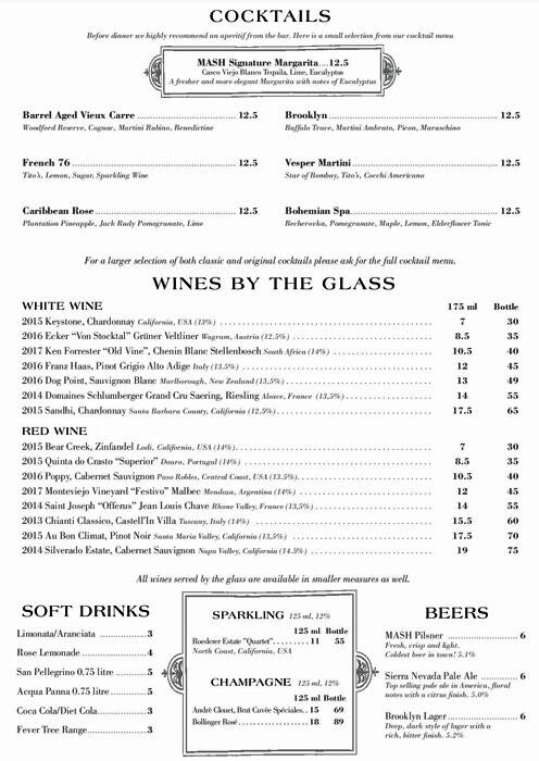 Menu at Mash steakhouse, London, 77 Brewer St