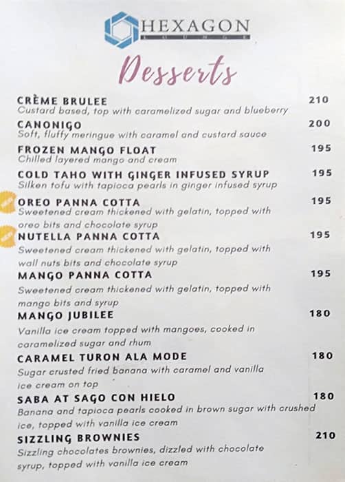 Menu at Hexagon Lounge restaurant, Makati, Fourth Floor