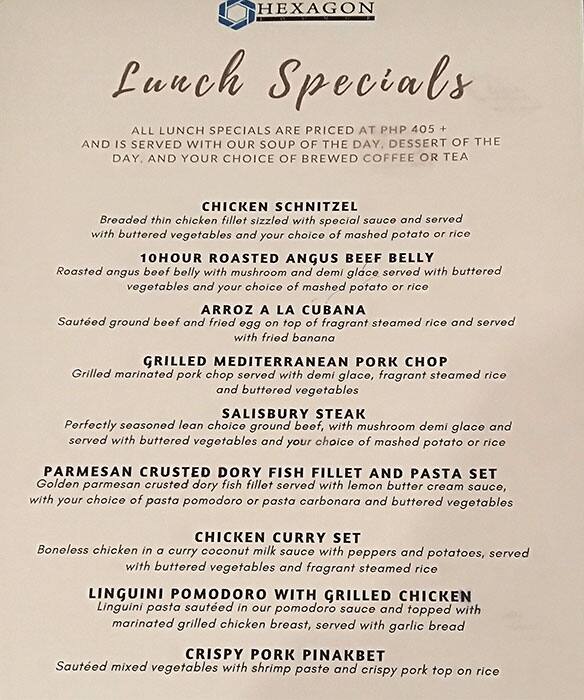 Menu at Hexagon Lounge restaurant, Makati, Fourth Floor