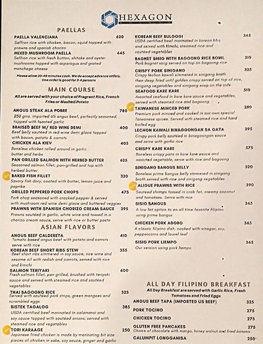 Menu at Hexagon Lounge restaurant, Makati, Fourth Floor