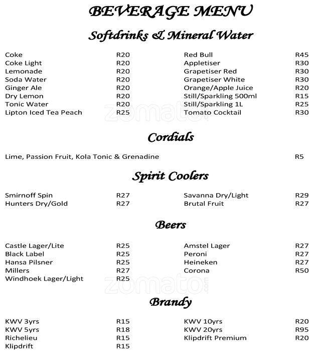 Menu at Strand Towers Restaurant, Cape Town
