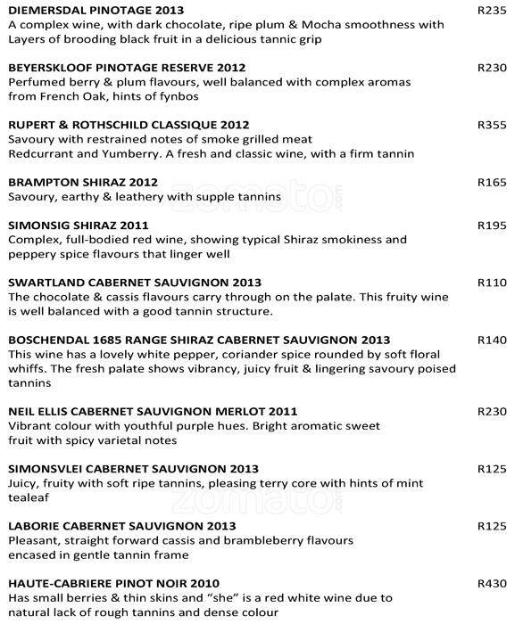 Menu at Strand Towers Restaurant, Cape Town