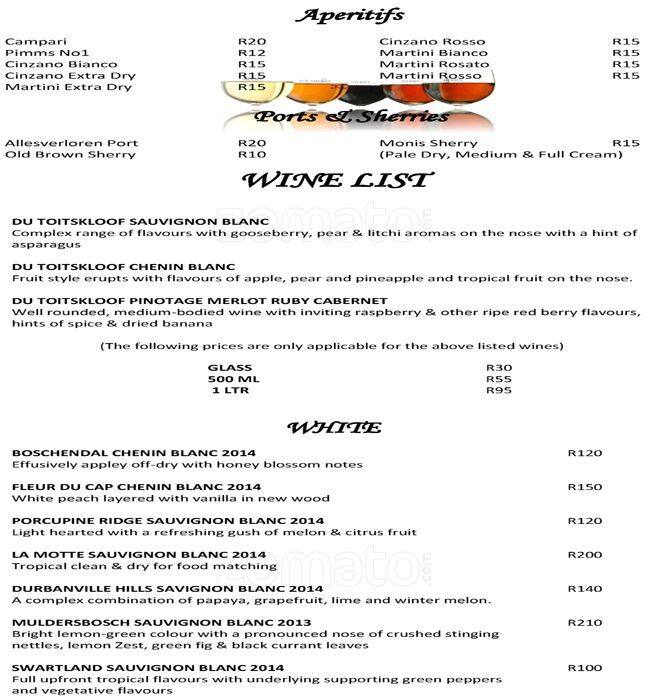 Menu at Strand Towers Restaurant, Cape Town