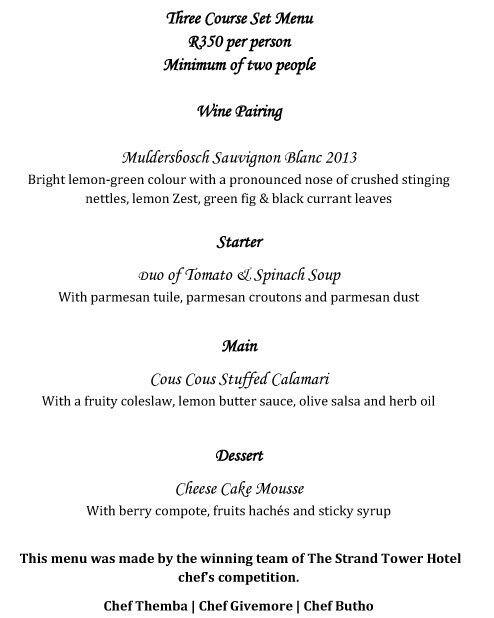 Menu at Strand Towers Restaurant, Cape Town