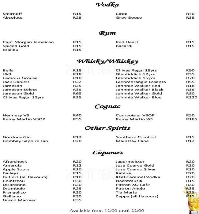 Menu at Strand Towers Restaurant, Cape Town