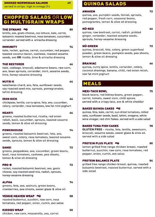 Menu at Nü Health Food Rosebank restaurant, Johannesburg