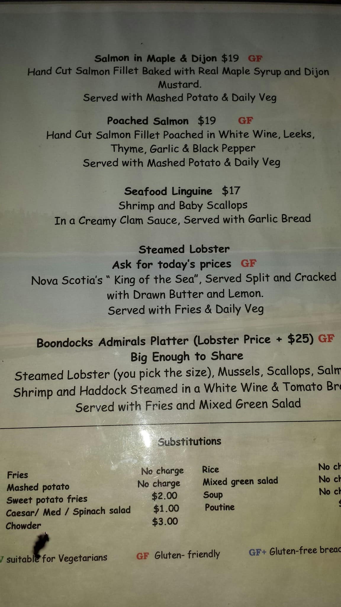 Menu at Boondocks restaurant, Eastern Passage, 6 Government Wharf Rd