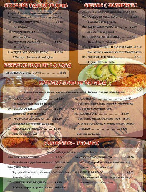 Menu at Juanita's Taqueria restaurant, Dallas
