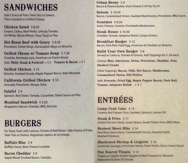 Menu at Urban Saloon pub & bar, Philadelphia, Fairmount Ave