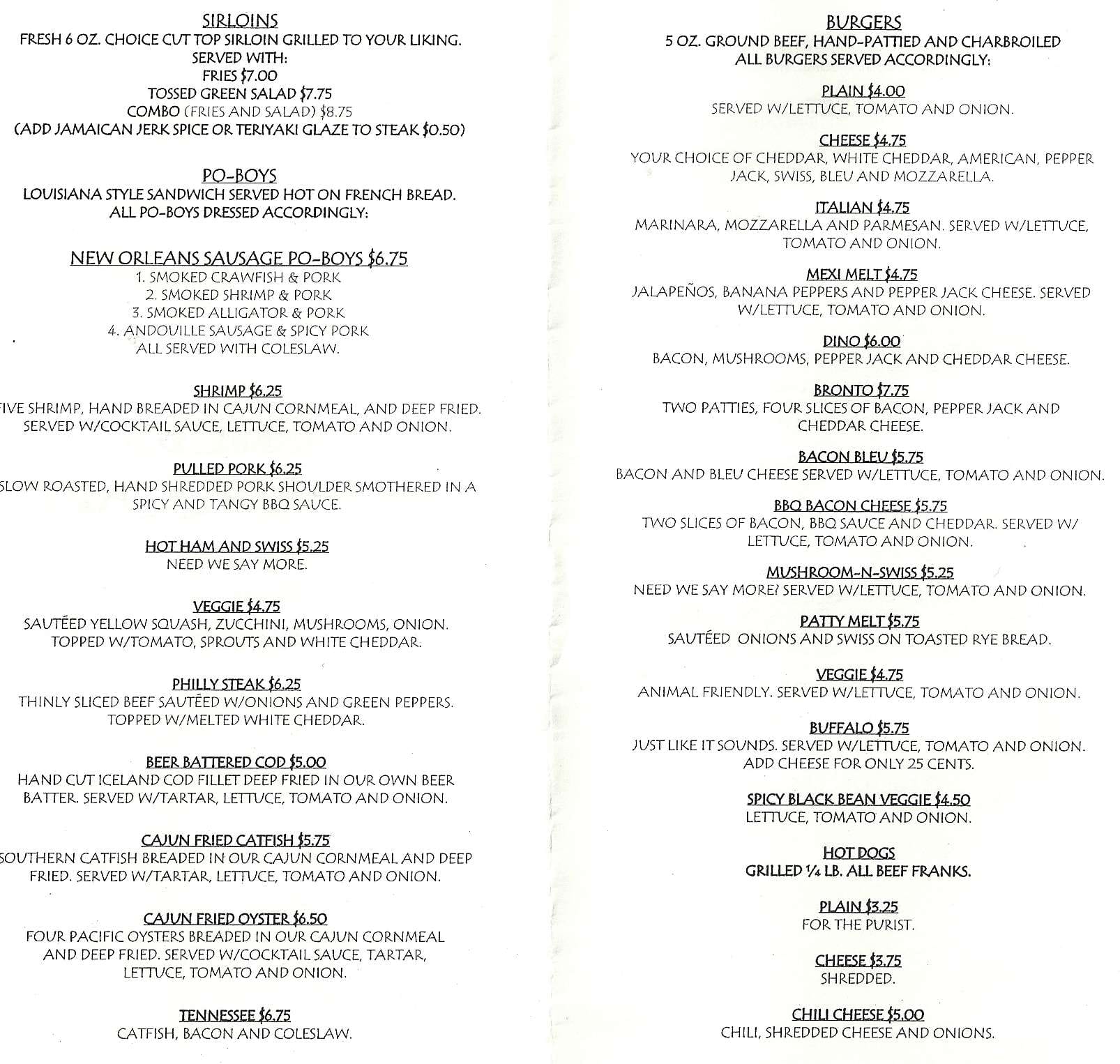 Menu at Dinosaur Cafe, Missoula