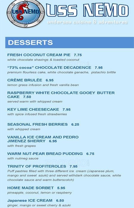 Menu at USS Nemo Restaurant, Naples
