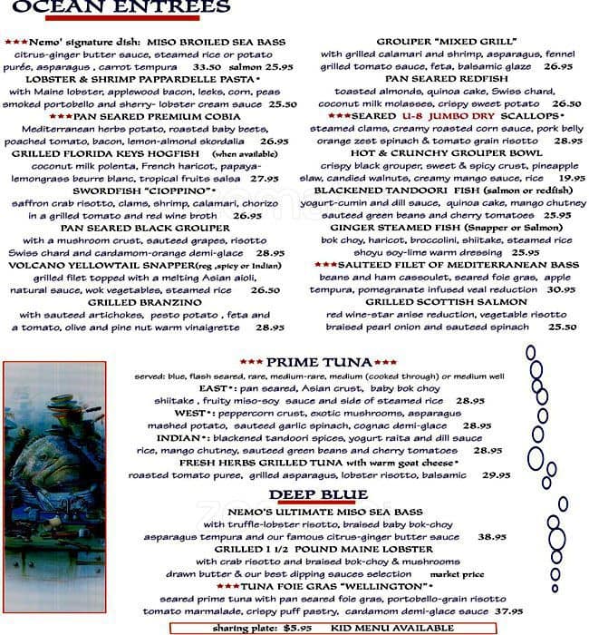 Menu at USS Nemo Restaurant, Naples